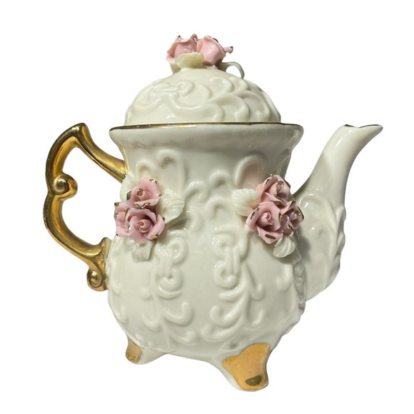 Kitchen | Rose Applique Teapot 55 Pottery Floral Victorian Cottagecore ...